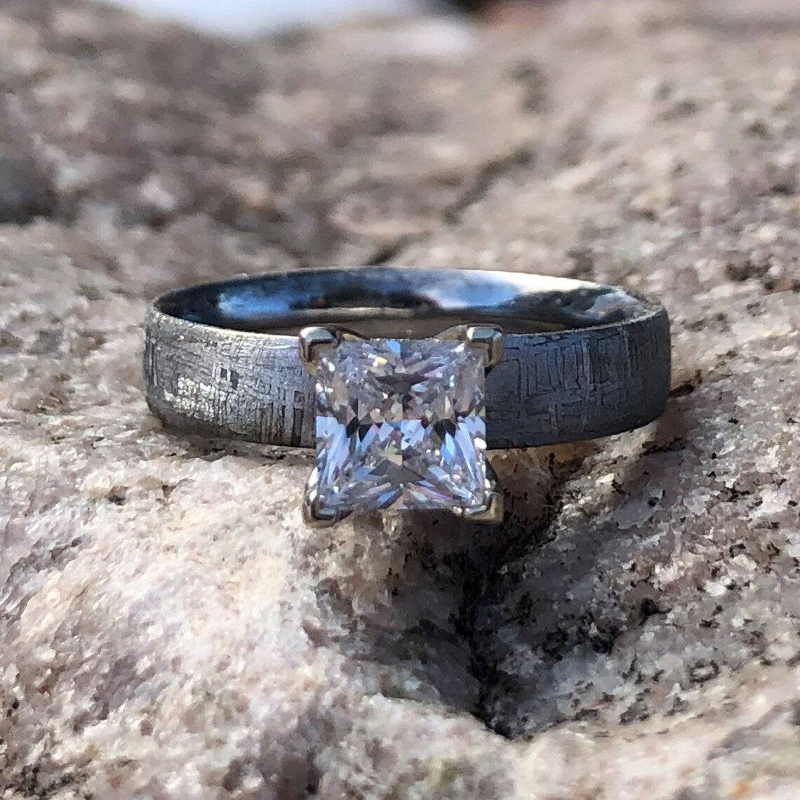Exquisite 4mm Wide Meteorite Engagement Ring with 1CT Moissanite ...