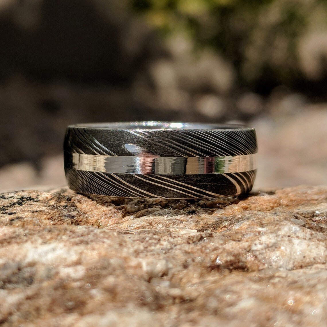 4mm and 8mm Wide Matching Damascus Steel Wedding Ring Set with Sterling ...