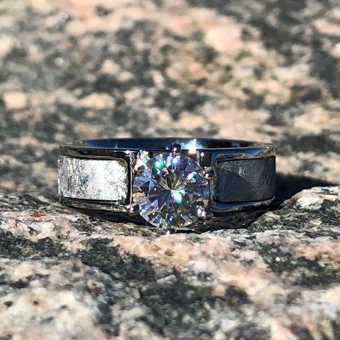 6mm Wide Meteorite Engagement Ring with Moissanite | Custom Wedding ...